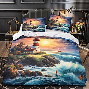 SorEci Coastal Lighthouses Duvet Cover 3D Art Styles Printed Bedding Set Comforter Cover with Zipper Closure for Kids Teens Adults (2 Pillow Shams,1 Duvet Cover) Queen（228x228cm）