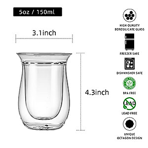 ZENS Double Walled Glass Coffee Mug, 5 Ounce Single Rim Espresso Insulated Glasses Set of 4, Clear Borosilicate Glass Cups for Black Coffee Cappuccino(150ml)