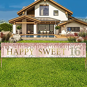 Sweet 16th Birthday Banner Decorations for Girls, Pink Rose Gold Happy Sweet 16 Birthday Sign Party Supplies, Large Sweet Sixteen Year Old Birthday Decor for Outdoor Indoor (9.8x1.6ft)