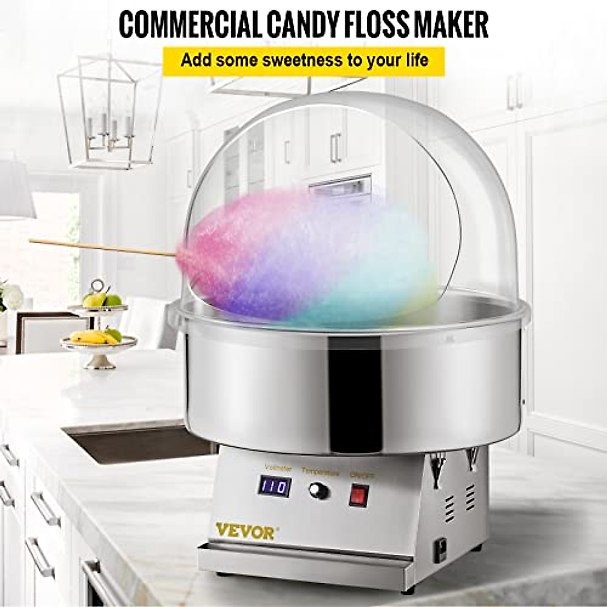 VEVOR Electric Cotton Candy Machine, 19.7-inch Stainless Steel Bowl, 1050W Candy Floss Maker with 338-482℉ Adjustable Temperature, Cover and Sugar Scoop Included, Perfect for Family Party, Silver