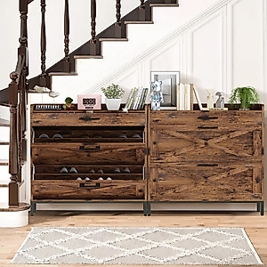 Hooseng Shoe Cabinet, Wooden Shoes Rack Shoe Storage Cabinet with 2 Flip Drawers & 1 Small Drawer Small Shoe Rack Organizer Freestanding Tipping Bucket Shoe Rack for Entryway, Hallway, Rustic Brown