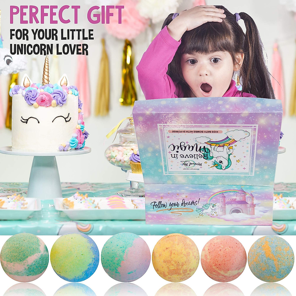Unicorn Love Bath Bombs for Girls with Jewelry Inside + Free Jewelry Box - Organic, Skin Moisturizing, Natural Bubble Bath Bombs with Surprise Inside, Valentine's Day Gifts for Kids, Tween Girls