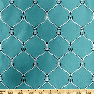 Lunarable Nautical Fabric by The Yard, Tied Navy with Small Anchors Pattern in Axis Fishnet Mesh Knot Marine Illustration, Decorative Satin Fabric for Home Textiles and Crafts, 1 Yards, Blue