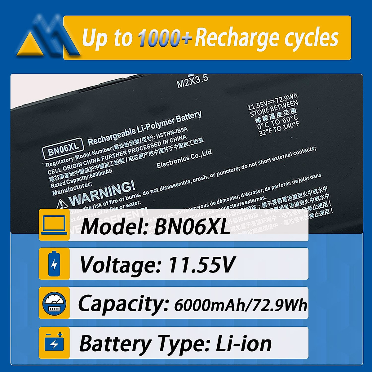 BN06XL L68299-005 Laptop Battery Replacement for HP Spectre X360 15 15-EB 15-EB0005UR X360 Convertible 15-EB0005NI Series Notebook BN06072XL L68235-1C1 HSTNN-IB9A 68299-0055 11.55V 72.9Wh 6000mAh