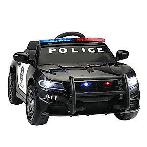TOBBI 12V Kids Police Car Ride on with Remote Control, Battery Powered Vehicle Electric Car for Kids w/Siren Flashing Light, Megaphone, Car Keys, USB, Music, Spring Suspension, Pull Rod, Black