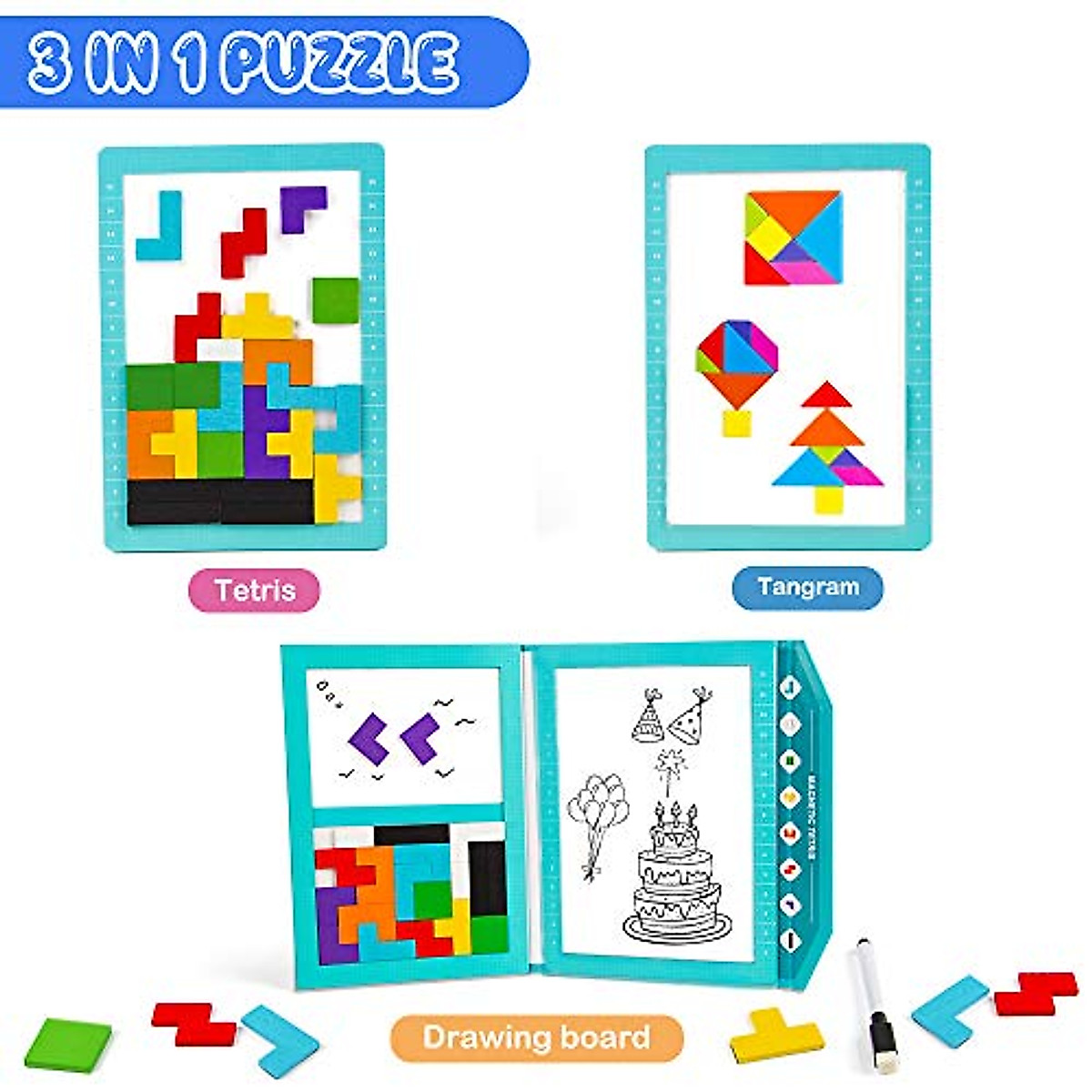 VATOS Puzzle Brain Teasers Magnetic Tangram Jigsaw Toys Magnet Drawing Board Intelligence Colorful 3D Russian Blocks Game STEM Educational Gift for Kids Boys Girl Age 3 4 5 6+ Year Old (47 Pcs)