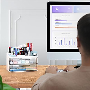 LETURE Desk Organizer with 2 Drawer, Plastic Desktop Storage Organizer Pencil Card Holder Box Container for Desk, Office School Home Supplies, Vanity Table (White)