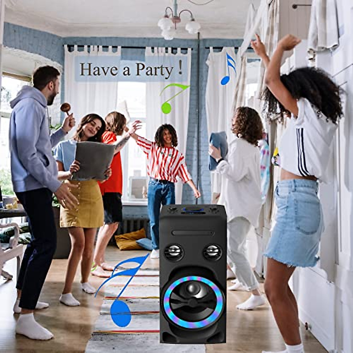 Home Stereo System CD/DVD Player, Bluetooth Party Speaker with Karaoke MIC Ports x 2, Floorstanding Soundsystem with LED Lightshow, Bass/Echo Adjustable