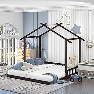 LCH Extending House Bed, Wooden Daybed Frame, Double Twin Size Bed, Wooden Daybed with Trundle for Kids Toddlers Girls Boys, Practical Durable Bed, for Bedroom, Apartment and Dorm, Espresso