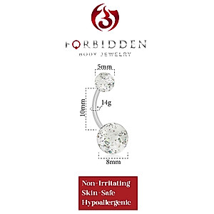 Forbidden Body Jewelry Belly Button Rings Metal Free Belly Ring Bioflex Barbell with Clear or Glitter Double Balls 14G (Clear Glitter)