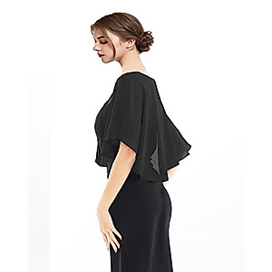 Chiffon Capelet Women's Soft capes Shawls and Wraps for Evening Dress Wedding Cape Cover Up (Black)