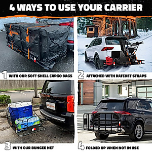 Mockins 60"x24"x6" Folding Trailer Hitch Cargo Carrier w/ 25 CuFt. Cargo Hitch Carrier Bag | 500 Lbs. Cap Weatherproof Steel Luggage Rack for SUV/Car & Vinyl Soft-Shell Car Carrier Cargo Bag