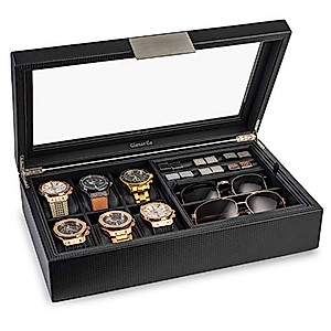 Glenor Co Valet Jewelry Box for Men - Holds 6 Watches, 12 cufflinks, 2 Sunglasses & Tray Storage - Mens Watch Case - CarbonFiber Organizer w Metal Accents, PU Leather & Large Glass Lid - Black
