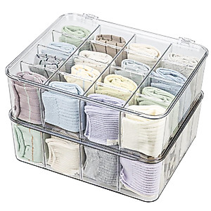ZEXALOR Plastic Clear Storage Containers, Set of 2, Sock Organizer Divided Boxes with Lids, Underwear Drawer Organizer, Tie Organizer, Dresser Organizer (11.8×9.4×3.9")