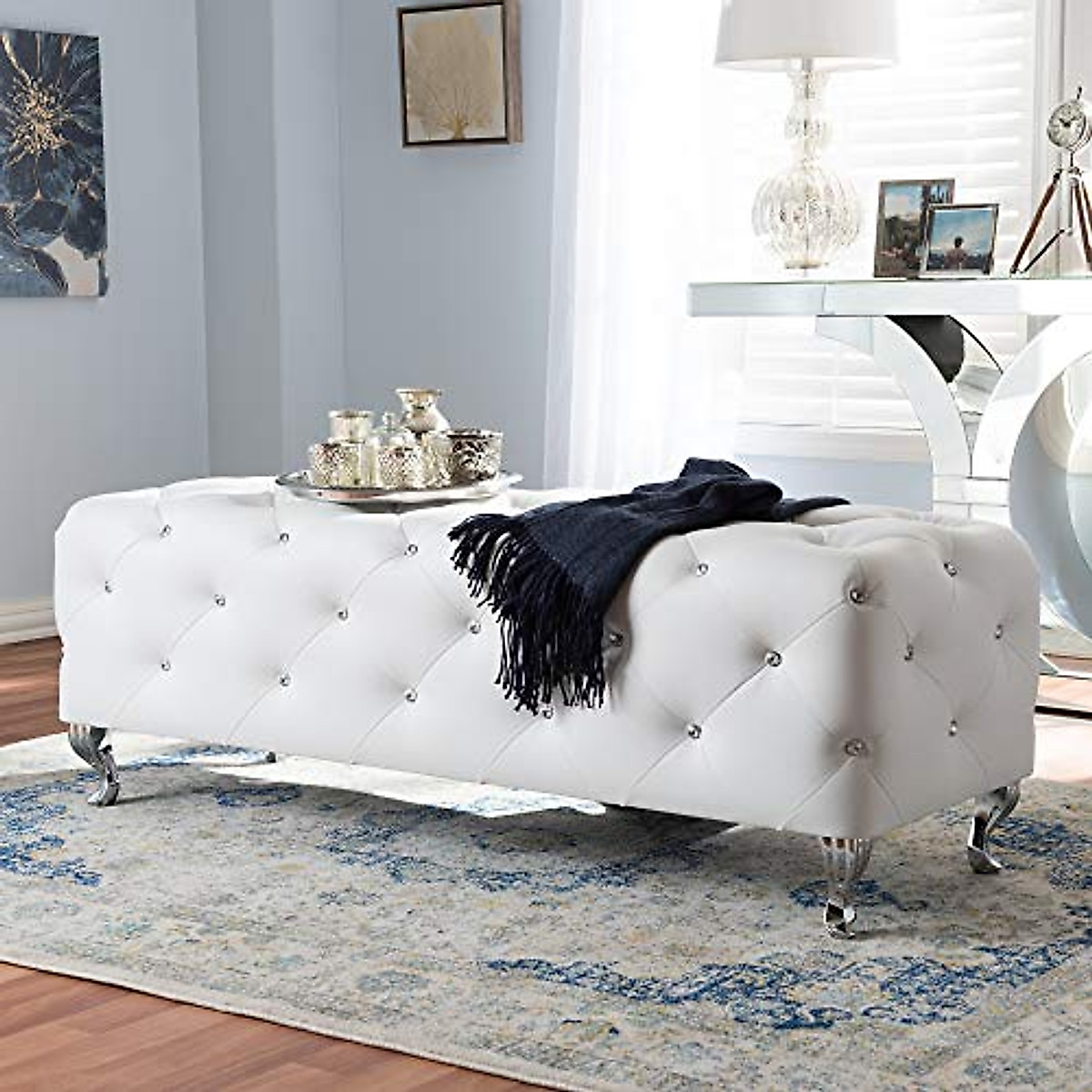 Baxton Studio Stella Crystal Tufted Modern Bench, White, 54(L)X19(W)X19.5(H)