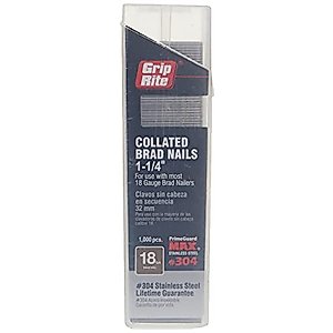 Grip Rite Prime Guard MAXB64876 18-Gauge 304-Stainless Steel Brad Nails in Belt-Clip Box (Pack of 1000), 1-1/4"