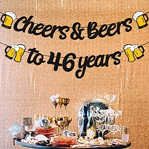 46th Birthday Decorations Cheers & Beers to 46 Years Banner for Men Women 46s Birthday Backdrop Wedding Anniversary Party Supplies Black Glitter Decorations Pre Strung