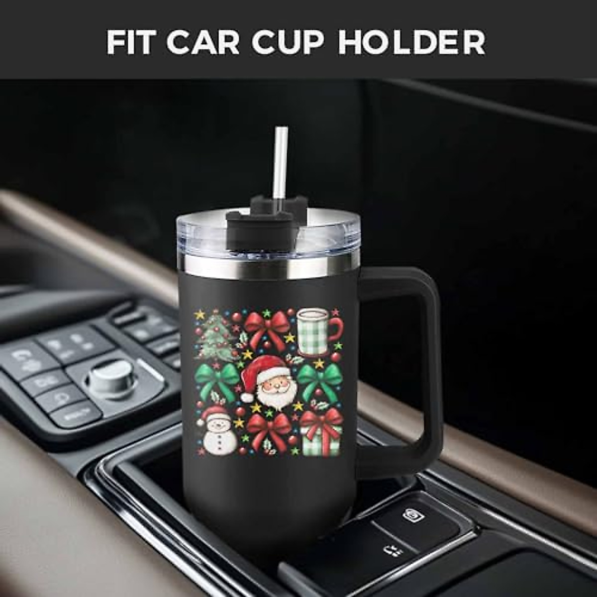 LB LEOBON 40 ounce insulated cup with handle, double-layer vacuum stainless steel material, equipped with straw, can keep warm or maintain cold drinks Santa Claus Gift black