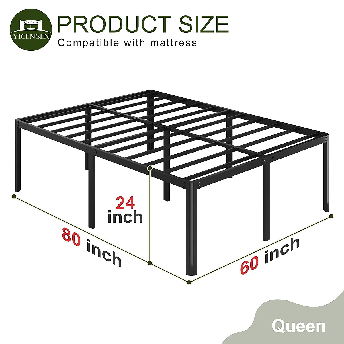 Yicensen 24 Inch High Queen Bed Frame Rounded Corner No Box Spring Needed, Heavy Duty Metal Queen Size Platform Bed Frame, Easy Assembly, Noise Free, Black