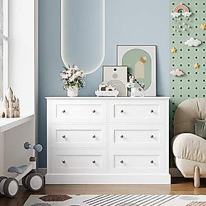 FACBOTALL Modern 6 Drawer Double Dresser, White Dresser Wood Dresser, Wide Chest of Drawers with Deep Drawers & Mental Double Handles for Hallway Living Room