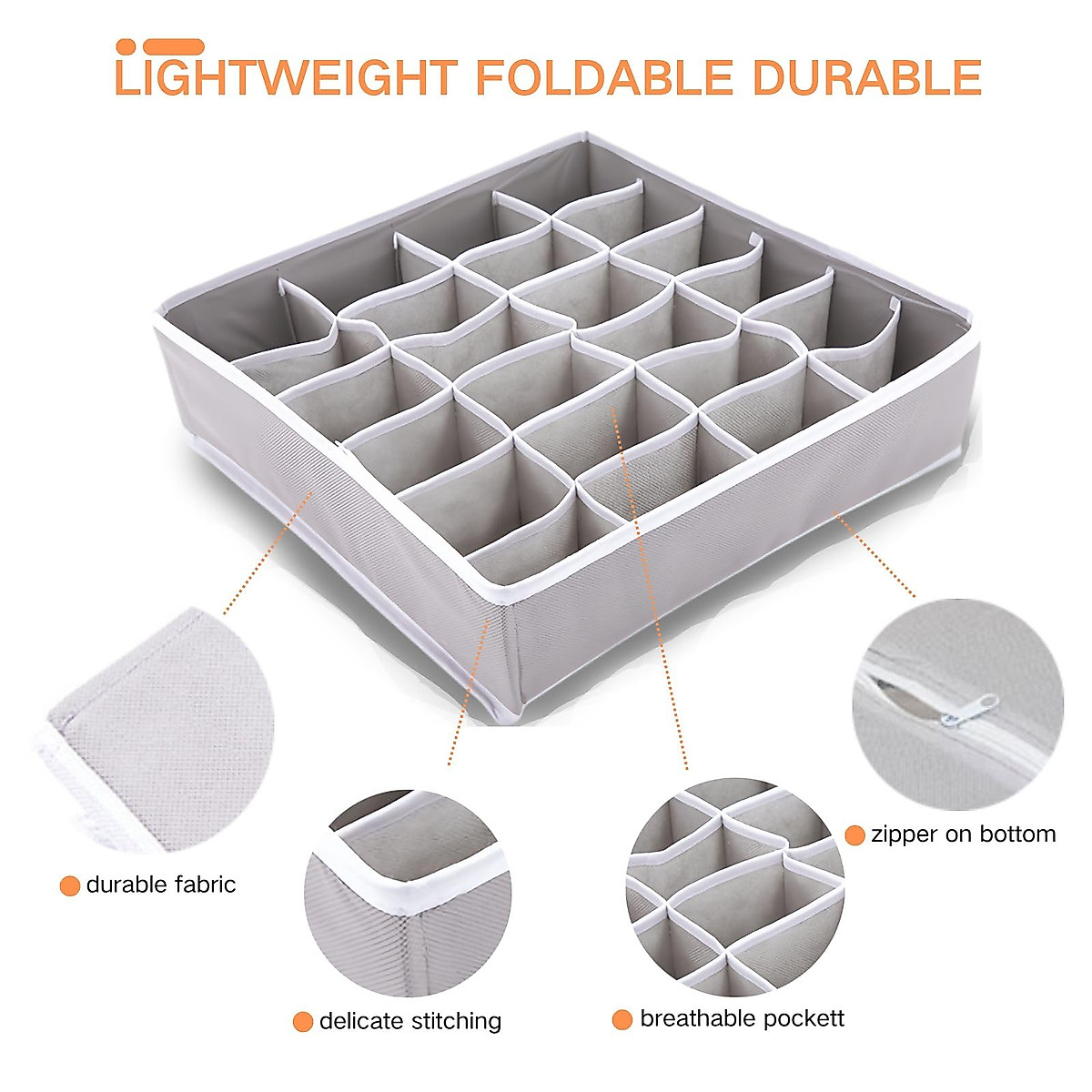 3 Sets of Sock and Underwear Storage Dividers, 72 Compartment Fabric Foldable Drawer Organizer, Closet Drawer Organization for Socks, Underwear, Belts and Ties (24+24+24 Cell, Light Gray)