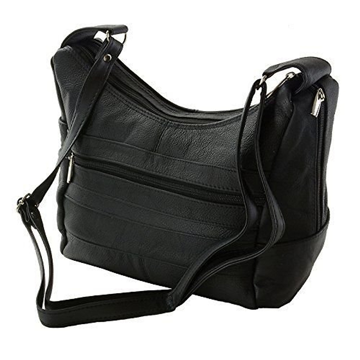 Marshal Women's Genuine Leather Purse Adjustable Strap Mid Size Multi Pocket Shoulder Bag (Black)