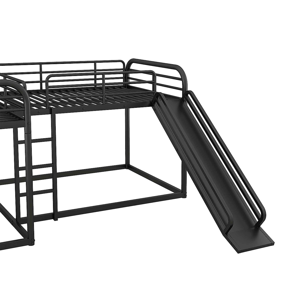ATY L-Shaped Full and Twin Size Bunk Bed, Metal Bedframe w/Ladder & Slide, for 4 People, Bedroom, Dorm, Guestroom Supplies, Save Space Design, Black