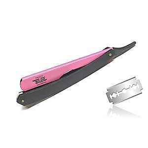 Pink and Black Barbershop Professional and Personal Straight Edge Razor Hair Shaving Double Edge Blade – Unisex All Purpose Folding Shaving Razor in Lightweight Steel
