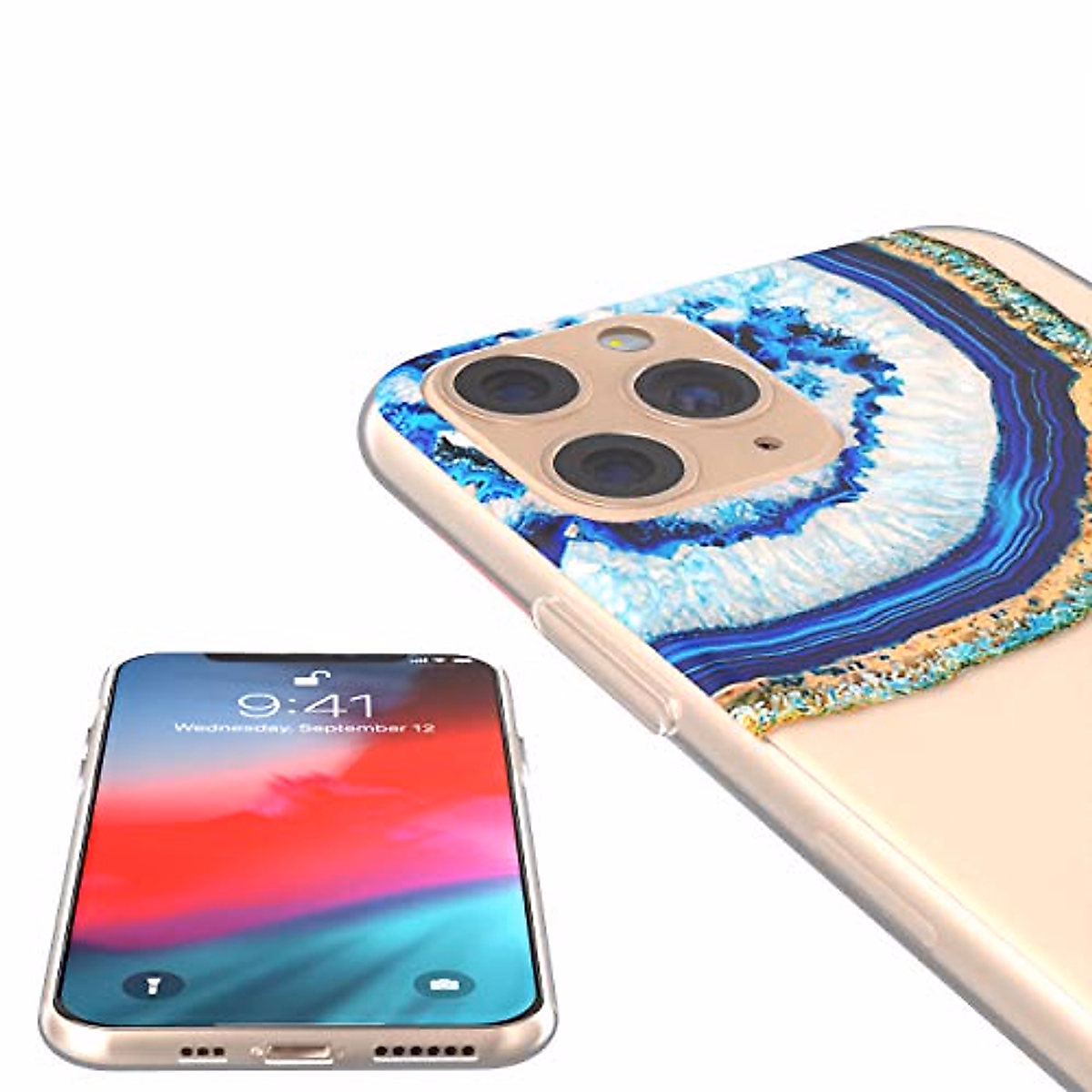 Toik Slim TPU Case for Apple iPhone 11 Pro Xs Max Xr 10 X 8 Plus 7 6s 5s SE Silicone Flexible Cover Women Mineral Slices Girls Geode Gift Lightweight Design Blue Protective Agate Print Clear