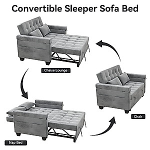 Buenhomino 3 in 1 Convertible Sofa Bed, Modern Futon Pull Out Sleeper Couch, 48'' Velvet Loveseat Chaise Lounge with Adjustable Backrest Pillows, Hidden Side Table for Living Room, Small Space Grey