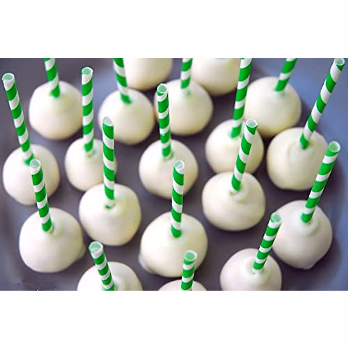 100 Pack Green And White Paper Drinking Straws, 7.75 Inches Green Striped Drinking Straw Cake Pop Stick