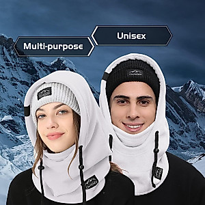 OWNGIGI Balaclava Ski Mask for Men and Women Winter Fleece Face Mask Windproof Cold Weather Head Cover Hooded Neck Warmer White