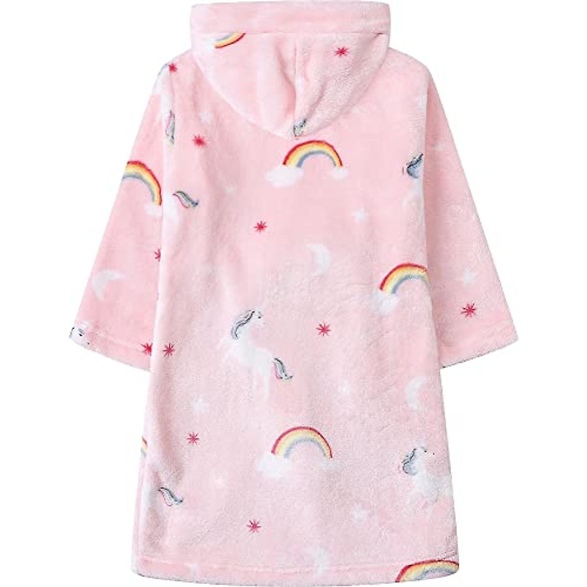 Umeyda Girls Robe, Soft Fuzzy Fleece Printed Hooded Bathrobe Cute Sleepwear for Kids, Rainbow Peach Pink, 12-18 Months = Tag 90