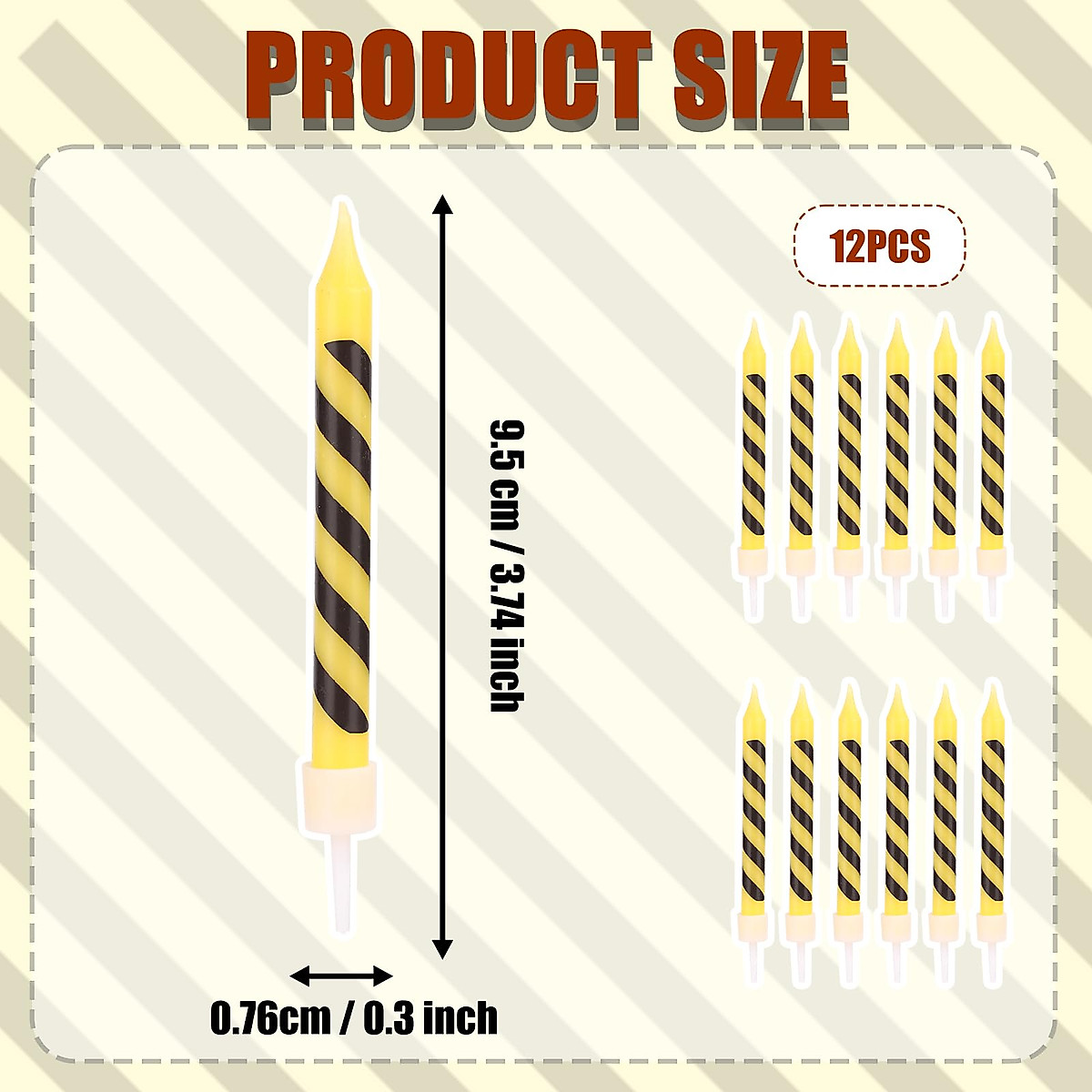 12pcs Construction Birthday Candles, Yellow and Black Striped Charm Candle Construction Themed Birthday Candles for Engineers Present Construction Party Wedding Cake Decoration Kids Supplies