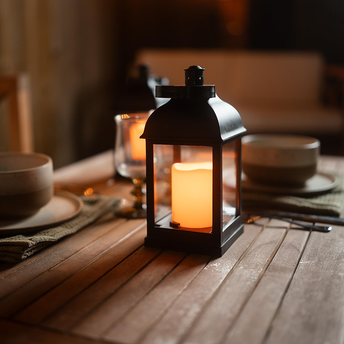 Just in Time for Winter {12 Pc Set} 10" Decorative Lanterns with Flameless LED Lighted Candle, 5 Hr Timer, Antique Look Indoor Outdoor Home, Garden, Weddings - Black. Includes Bonus String Lights!