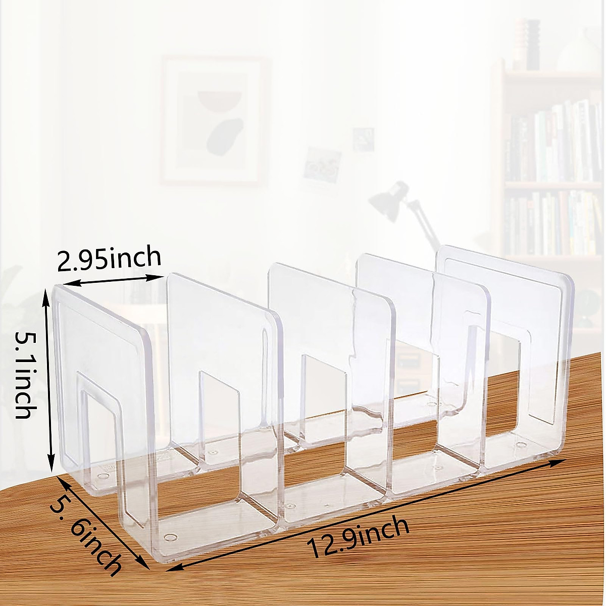 Acrux7 4 Pack Clear Acrylic File Organizer 4 Sections Acrylic File Sorter 12.8 x 5.6 x 5.1 Inch Vertical Acrylic Dividers Plastic Desk Book Organizer for Office Home Shelves Desk Book Mail File