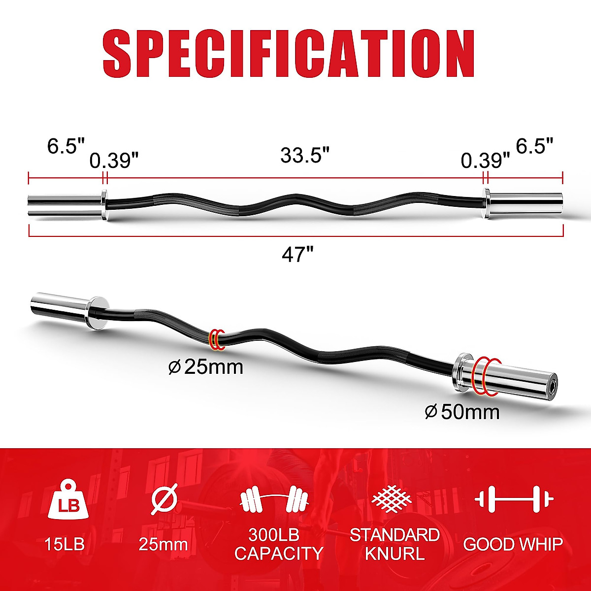 Holleyweb Olympic Barbell Curl Bar EZ Bar Strength Training Bar Threaded Chrome Barbell Bar for Weightlifting, Hip Thrusts, Squats and Lunges, Black, 47 inches (A-YD04002)