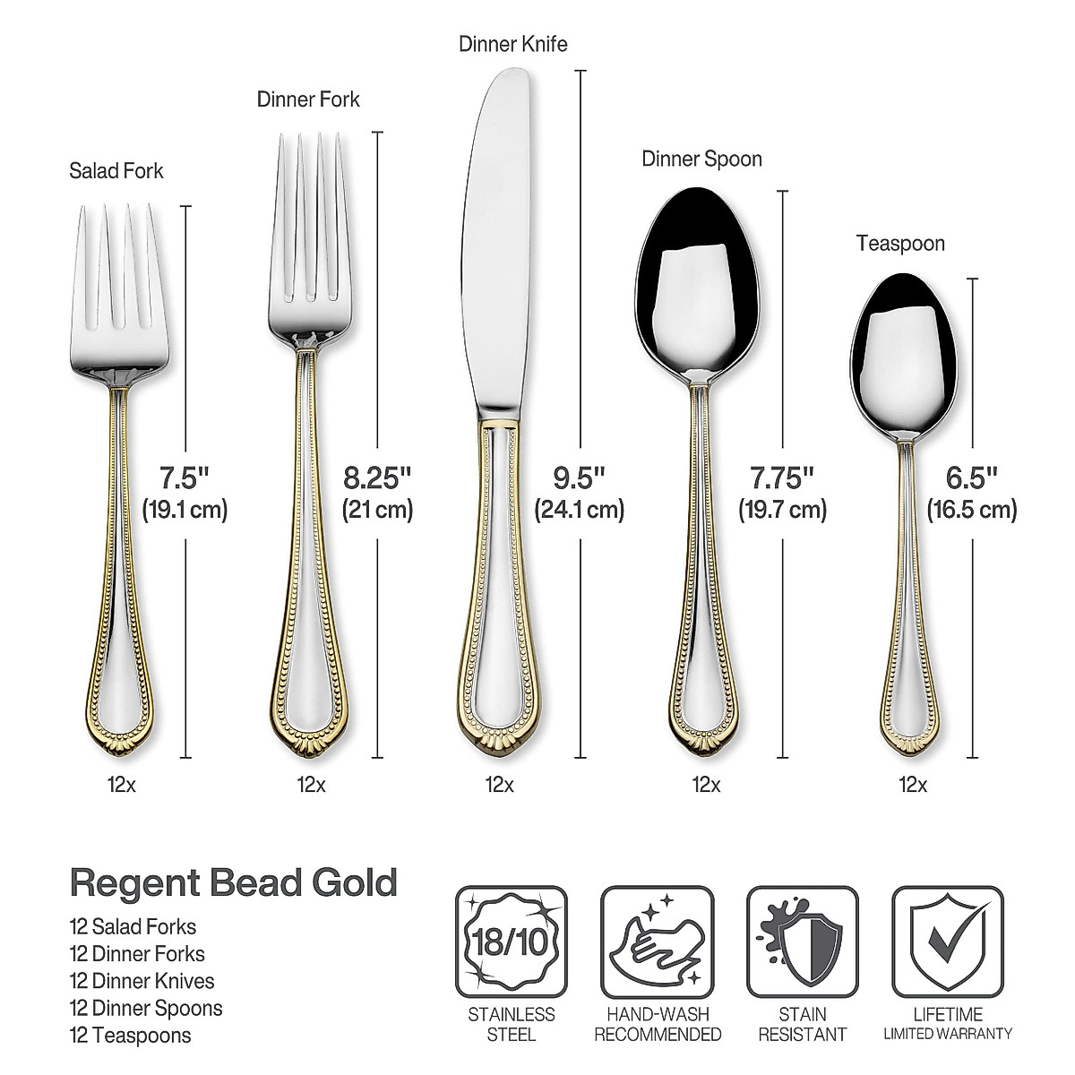 Mikasa, Gold Accent Regent Bead Flatware Service for 12, 65 Piece Set, 18/10 Stainless Steel, Silverware Set with Serving Utensils