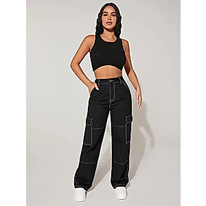 MakeMeChic Women's Cargo Jeans High Waist Flap Pocket Straight Leg Denim Pants Black Petite Petite M