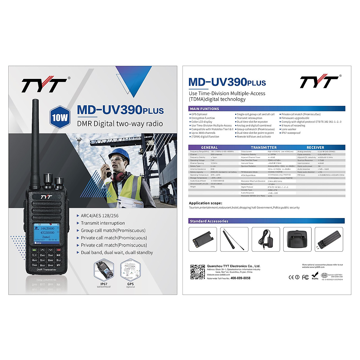 TYT MD-UV390 Plus 10 Watts High Power with AES256 Encryption DMR UHF VHF IP67 Waterproof Walkie Talkie with Programming Cable