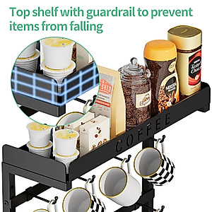 ZDDLOINP Aluminum Alloy Coffee Mug Holder Wall Mounted with 12 Movable Hooks, Coffee Cup Holder with Top Shelf for Coffee Beans, Sugar Jar, Mug Rack for Home Kitchen Display and Collection