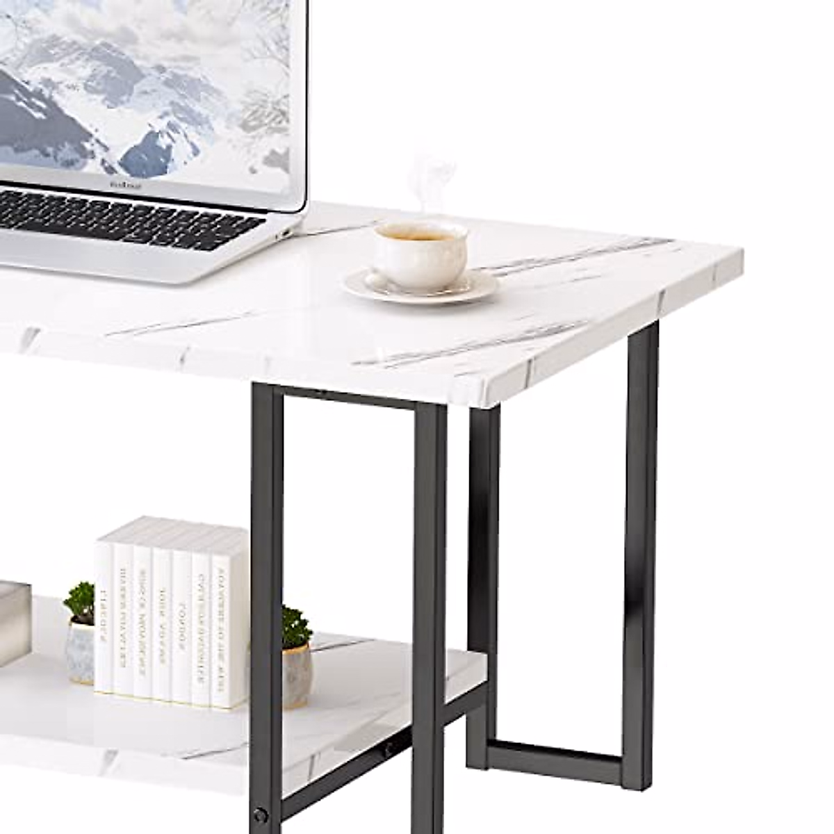 AWQM Marble Coffee Table, Faux Marble Top Rectangular Coffee Table with Black Metal Frame, 2 Tier Living Room Table for Living Room, Office, Balcony, White, 40 Inch