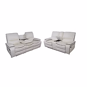 AYCP Manual Reclining Living Room Furniture,Bonded Leather Sofa w/Drop-Down Console, Loveseat w/Storage Console for Living Room/House/Bedroom/Office/Apartment (Ivory White, Sofa+Loveseat)