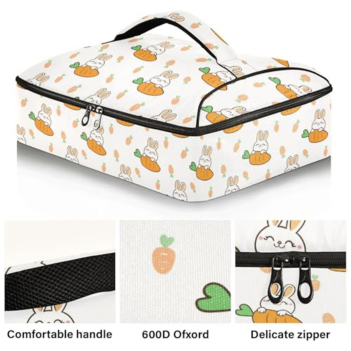 Kcldeci Insulated Thermal Food Carrier Insulated Casserole Carrier for Hot or Cold Food,Cartoon Rabbit and Carrot Insulated Tote Bag for Potluck Cookouts Parties Picnic,Lasagna Lugger