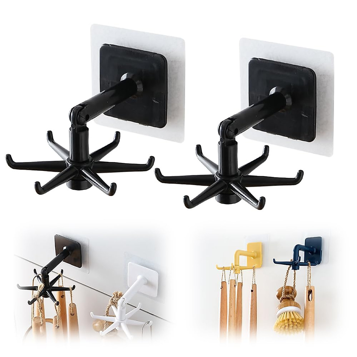 Poouty 360° Rotating Self Adhesive Utility Hook, 2024 New Under Cabinet Hooks Adhesive Kitchen Hooks for Hanging Utensils Holder Hanger Storage Rack for Kitchen Utensils Organizer (6Hooks, 2 Black)