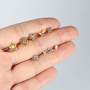 BodyBonita 9Pcs 20G Nose Rings Studs with Big Bling CZ Snowflake Star Top Surgical Steel L-Shaped Nose Studs Triple Linear Gem Ball Round Diamond CZ Nose Piercing Jewelry 7mm(AG)