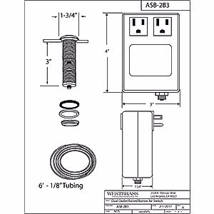 Westbrass ASB-2B3-62 Sink Top Waste Disposal Air Switch and Dual Outlet Control Box, Flush Button, Matte Black