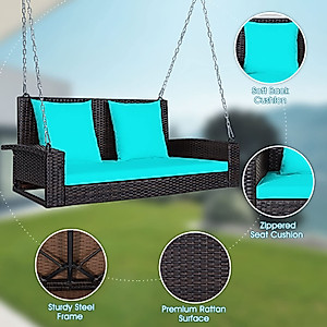 Tangkula 2-Person Wicker Hanging Porch Swing, Patiojoy Outdoor Rattan Swing Bench W/ 2 Back Cushions & 1 Seat Cushion, Sturdy Steel Chain, 800lbs Weight Capacity, Suitable for Deck, Backyard, Garden
