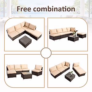 Patio Furniture 6 Pieces Set, Outdoor Furniture PE Rattan Wicker Outdoor Couch, Patio Conversation Sets One Box Package with Glass Table and Cushion, Brown