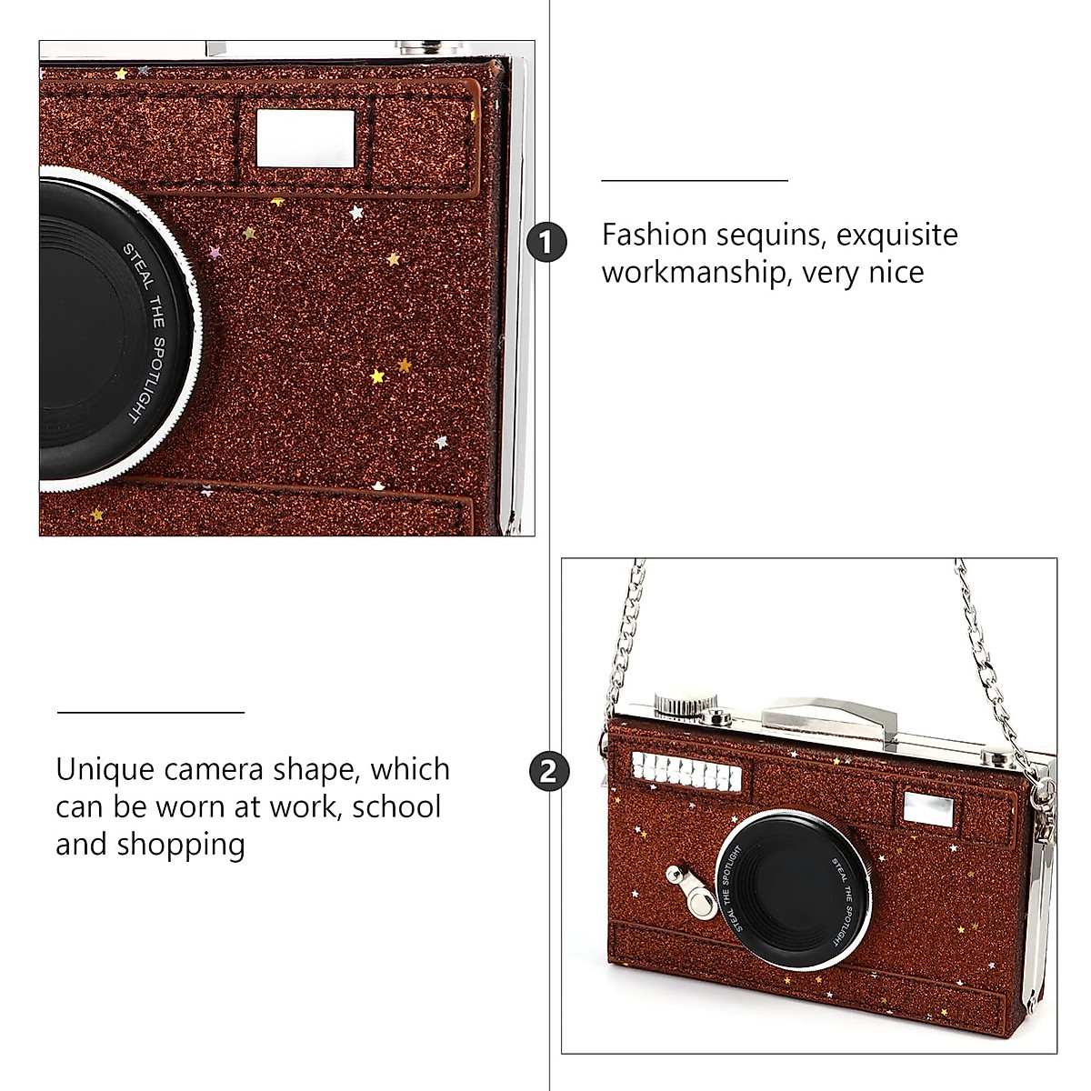 TENDYCOCO Camera Shaped Crossbody Bag Wide Shoulder Bag Square Bag Camera Bling Purse Unique Design for Daily Storage